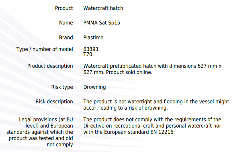 Watercraft prefabricated hatch Plastimo PMMA Sat Sp15 Type 63893 T70 ...