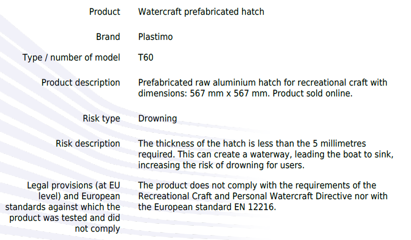 Watercraft prefabricated hatch Plastimo T60 Withdrawal of the product from the market - Maritime ...